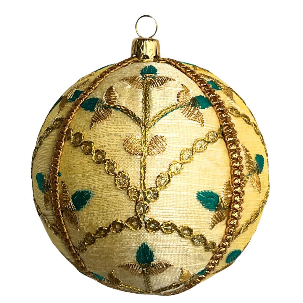 Lalit Bauble – 10cm | Ivory & Gold Embroidered Bauble with Teal ...